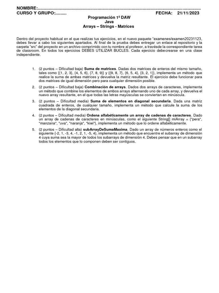 02 - Prueba Programación 1º DAW - Java - Arrays-Strings-Matrices | PDF | Matriz (Matemáticas ...