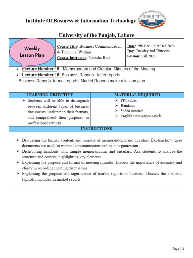 Weekly Lesson Plan IBIT 7 | PDF | Lesson Plan | Lecture