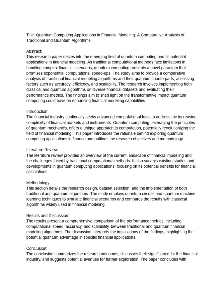 Quantum Computing Applications in Financial Modeling: A Comparative Analysis of Traditional and ...