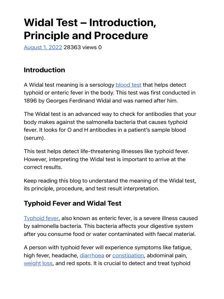 Widal Test: Principle and Procedure | PDF | Salmonella | Medicine