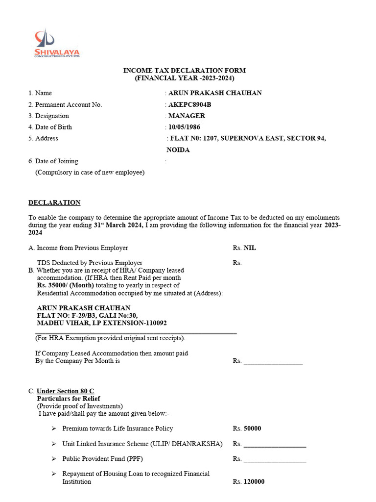 Income Tax Declaration Form 2022-2023 | PDF | Private Sector ...