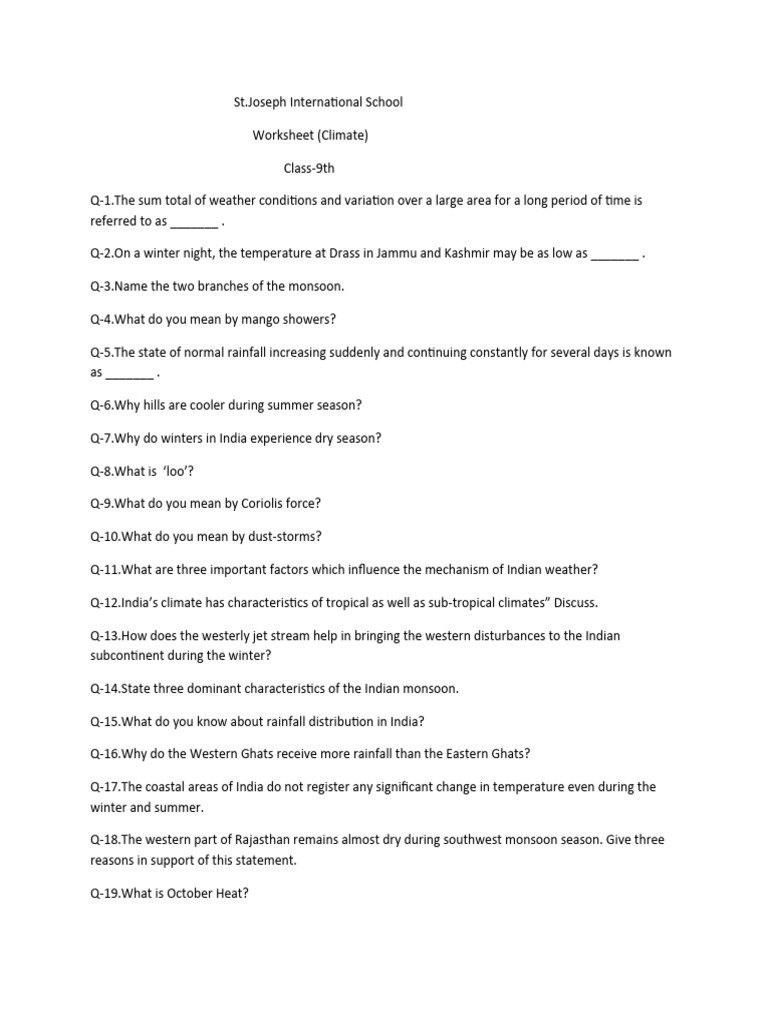 Class 9 Climate Worksheet for Students | PDF