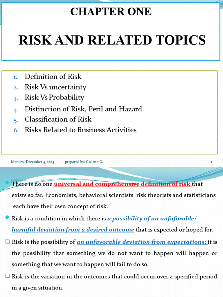 CH 1 and 2 RISK AND RELATED CONCEPTS AND THE RISK MANAGEMENT | PDF ...