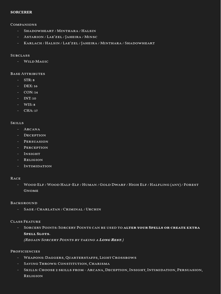 BG3 - Sorcerer Build | PDF | Fantasy Role Playing Games | D20 System