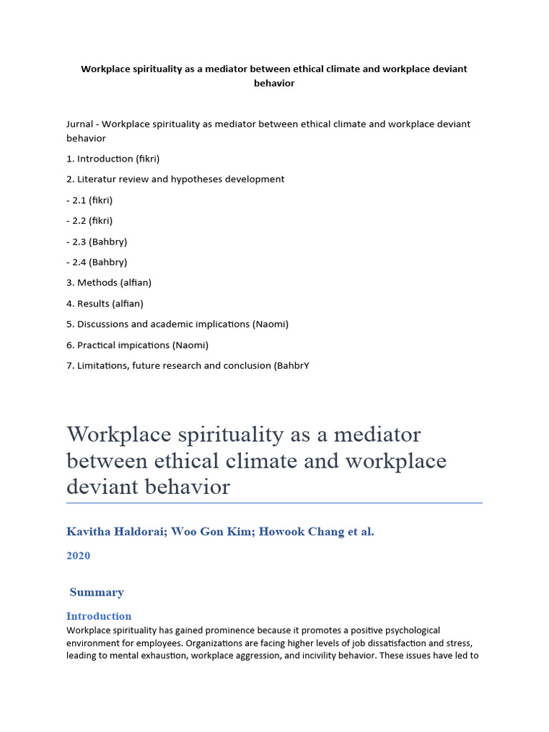 Workplace Spirituality As A Mediator Between Ethical Climate and Workplace Deviant Behavior ...