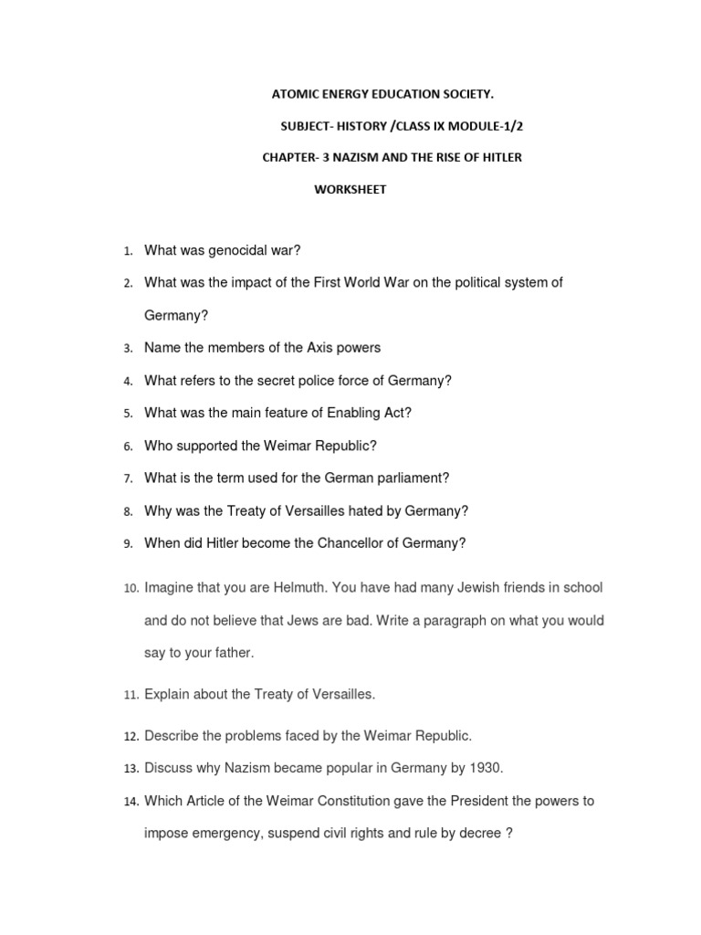 CLASS IX-worksheet - NAZISM AND THE RISE OF HITLER-module-1.2 | PDF