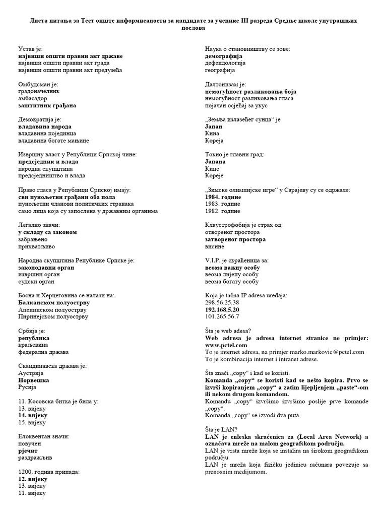 14-07-23-16-Pitanja Za Test Opste Infromisanosti | PDF