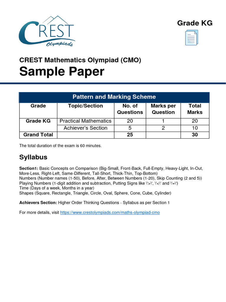 CMO Sample Paper For Class 0 | PDF | Science | Mathematics