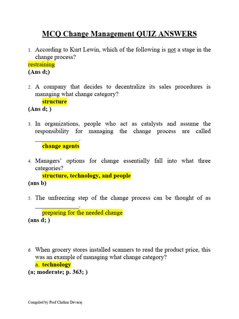 MCQ CHANGE MANAGEMNT | PDF | Change Management | Cognitive Science