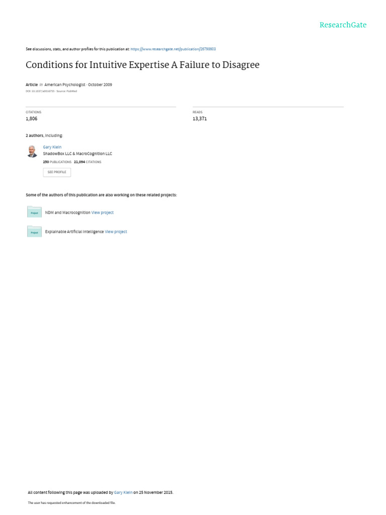 Conditions For Intuitive Expertise - A Failure To Disagree | PDF ...