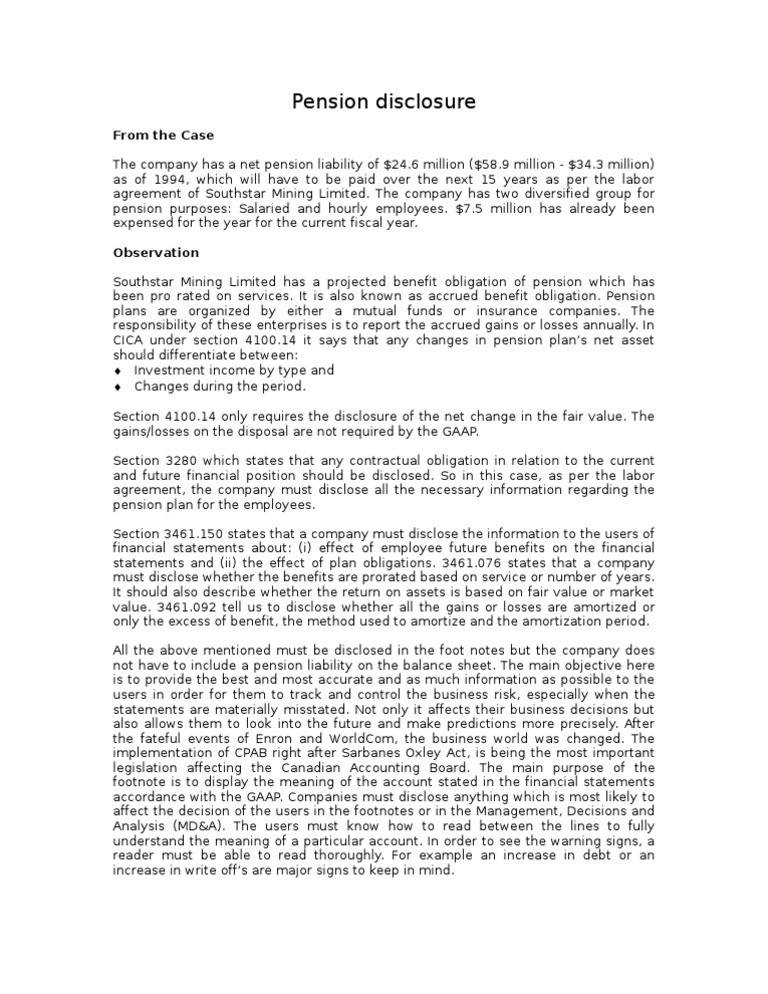 Pension Disclosure | PDF | Pension | Financial Statement