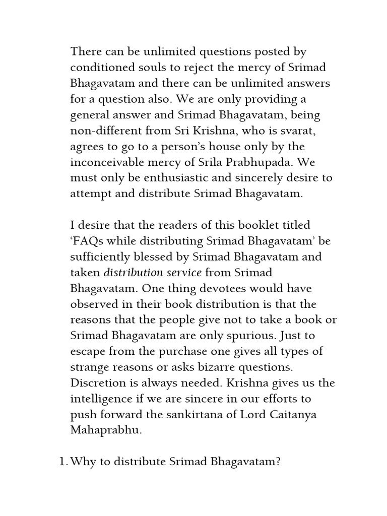 Frequently Asked Questions To Distribute Srimad Bhagavatam 01 | PDF | Bhagavata Purana | Krishna