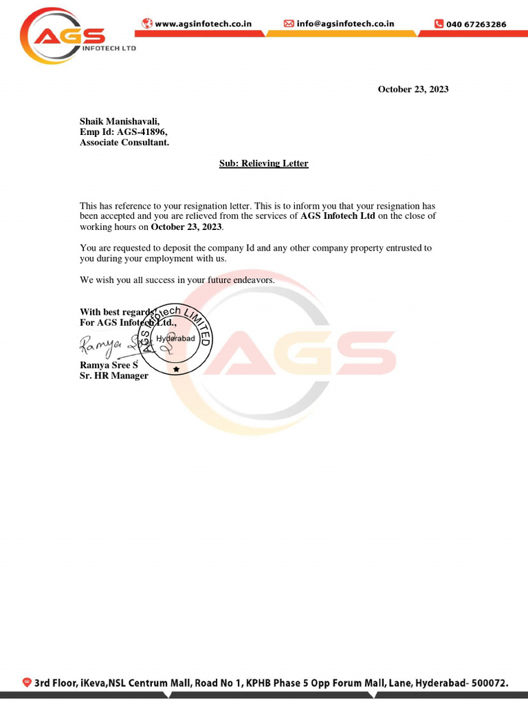 AGS Infotech Relieving Letter Notice | PDF | Finance & Money Management