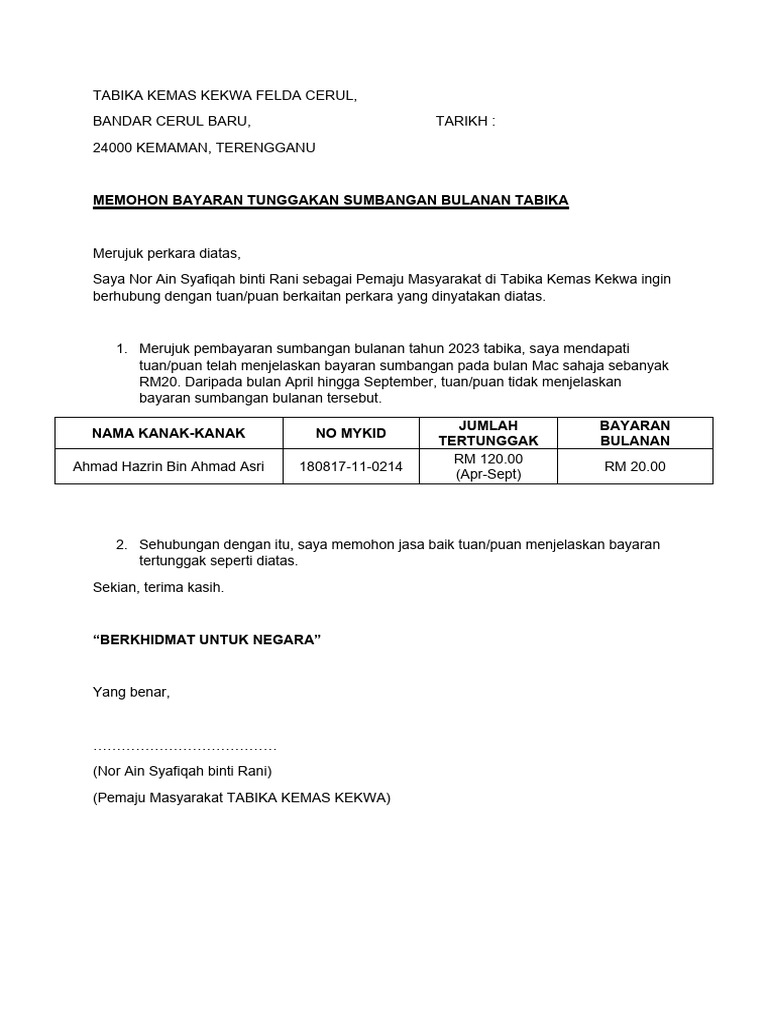 Surat Tunggakan Bayaran | PDF
