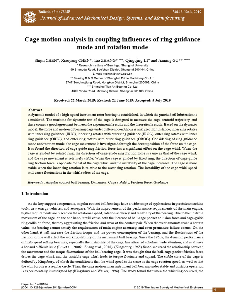 Cage Motion Analysis in Coupling Influences of Ring Guidance | PDF ...