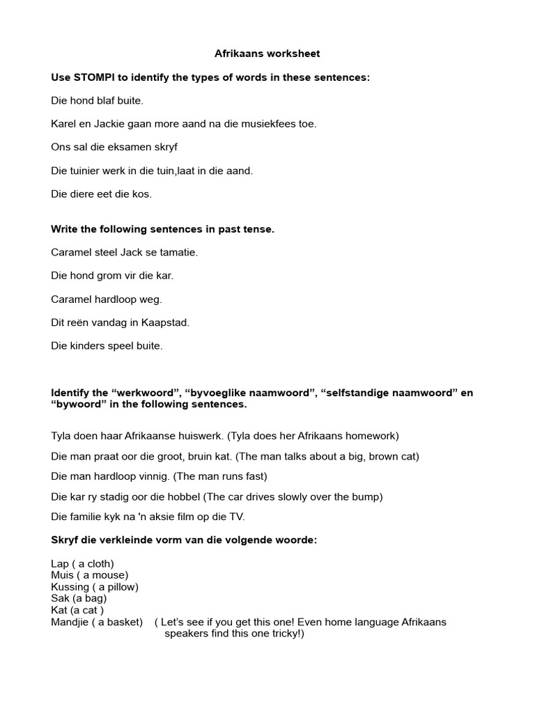Afrikaans Worksheet 1 | PDF