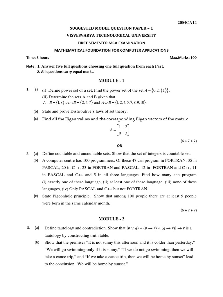 Model QP (20MCA14) - 1 | PDF | Combinatorics | Algebra