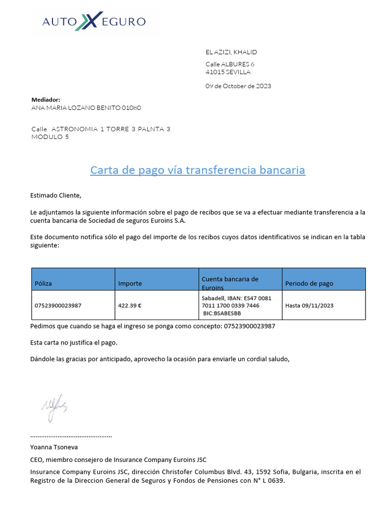 Carta de Pago Via Transferencia Bancaria KHALID EL AZIZI | PDF