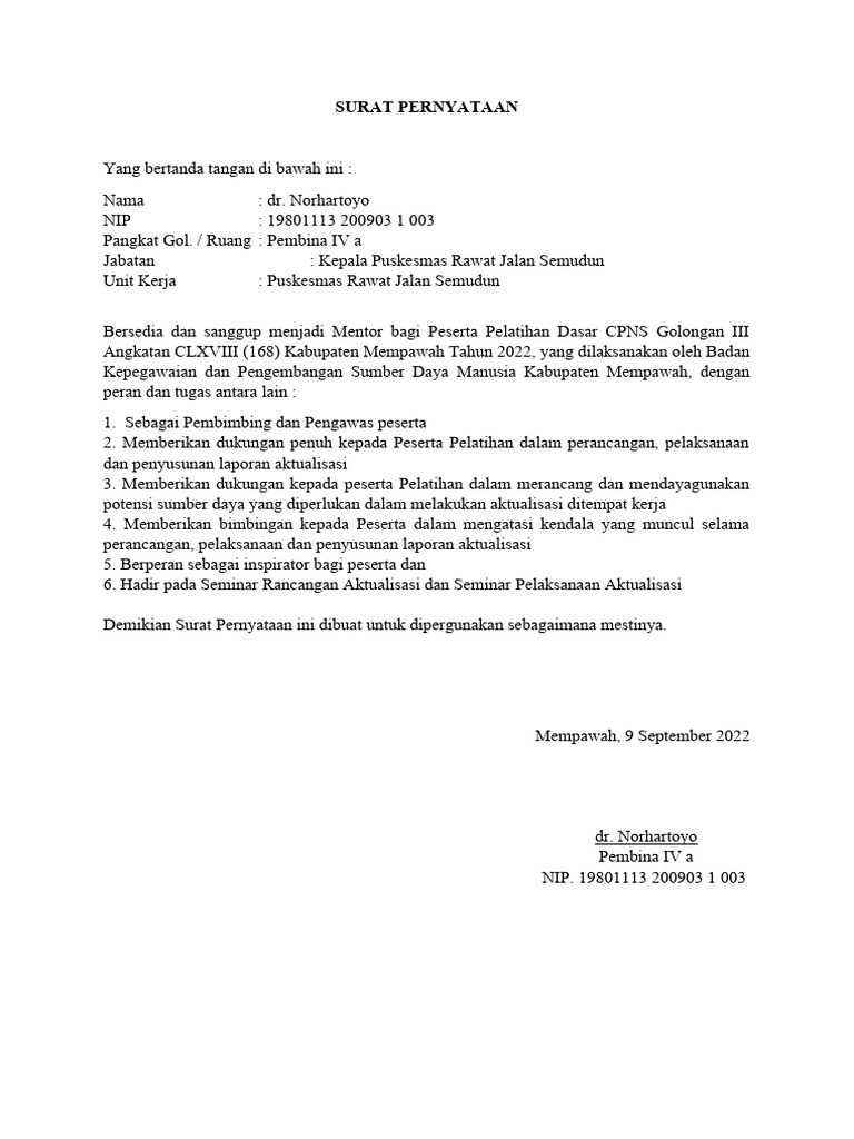 Surat Pernyataan Mentor CPNS 2022 | PDF | Bisnis