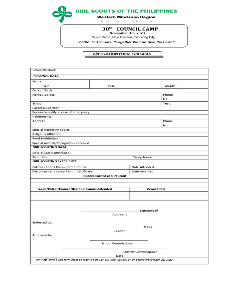 Application Form For GIRLS 2023 | PDF | Scouting | Outdoor Recreation