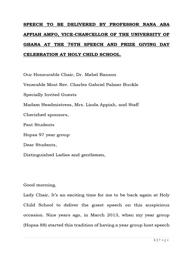 Speech - 76th Speech and Prize Giving Day Celebration Holy Child School ...