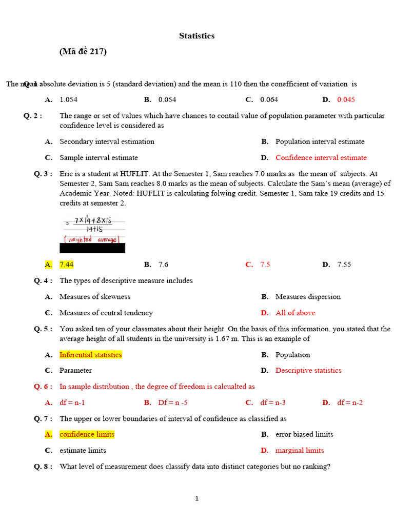 Statistics (Mã đề 217) | PDF | Statistics | Standard Deviation
