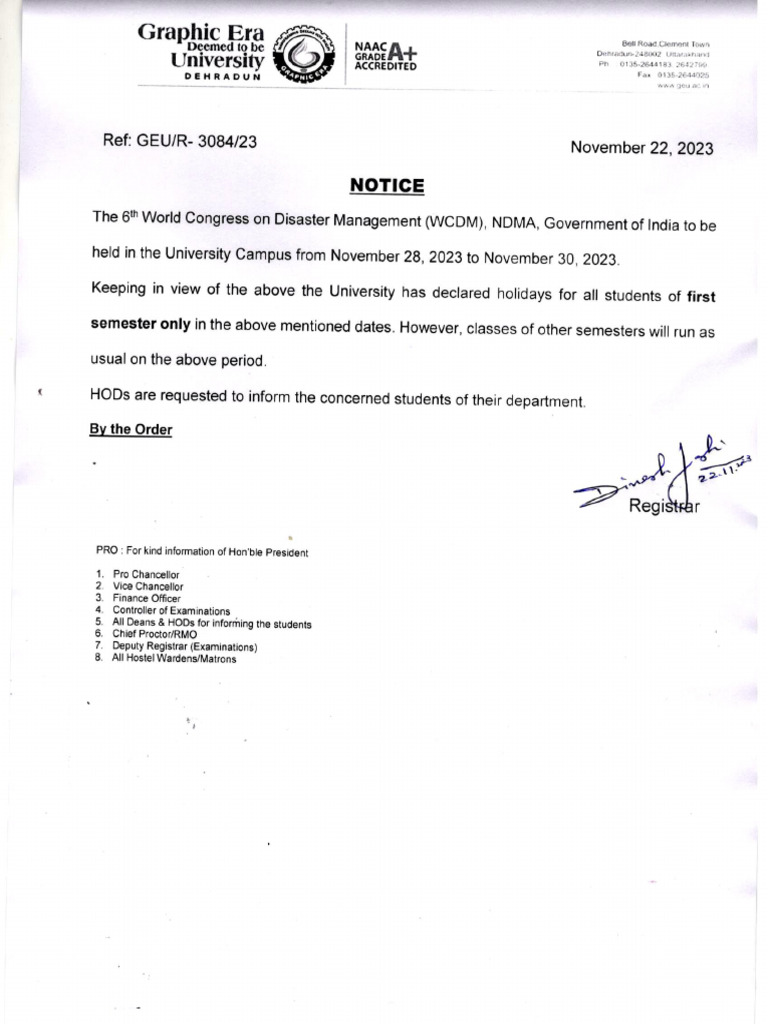 Holiday Notice For 1st Semester Students | PDF