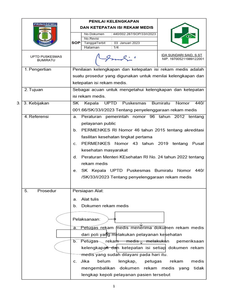 Sop Penilaian Kelengkapan Dan Ketepatan Isi Rekam Medis | PDF