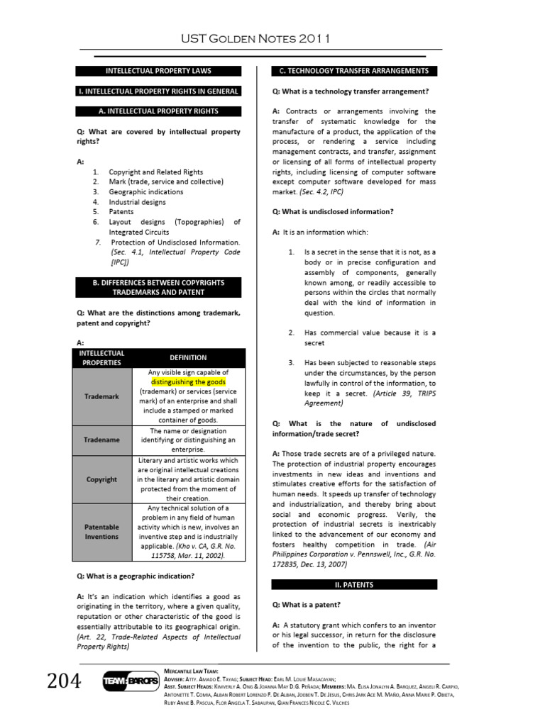 UST Golden Notes Intellectual Property Law | PDF | Glossary Of Patent ...