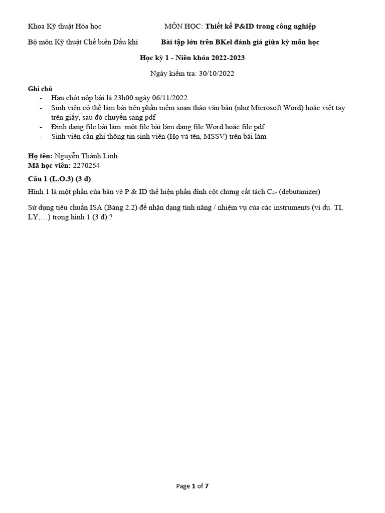 Nguyễn Thành Linh - 2270254 - Kiem tra giua ky Thiet ke PID 06-11-2022 | PDF