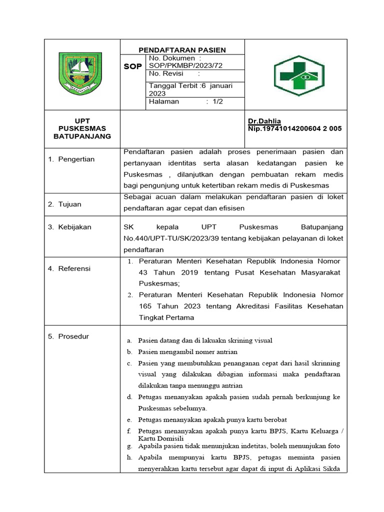 Sop Pendaftaran Pasien BP | PDF