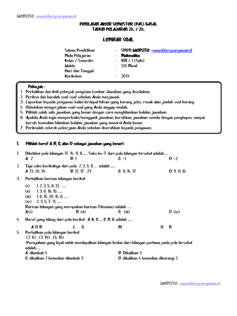 Soal Pas MTK KLS 8 K13 | PDF