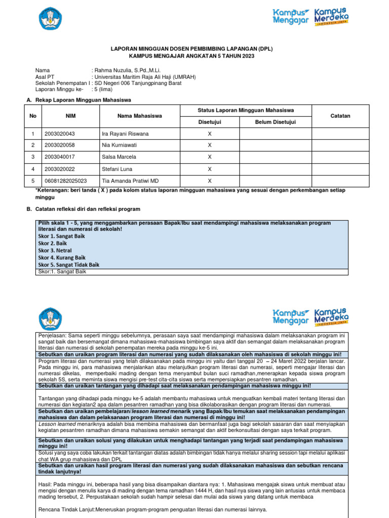 Laporan Mingguan DPL Minggu Ke 5 | PDF
