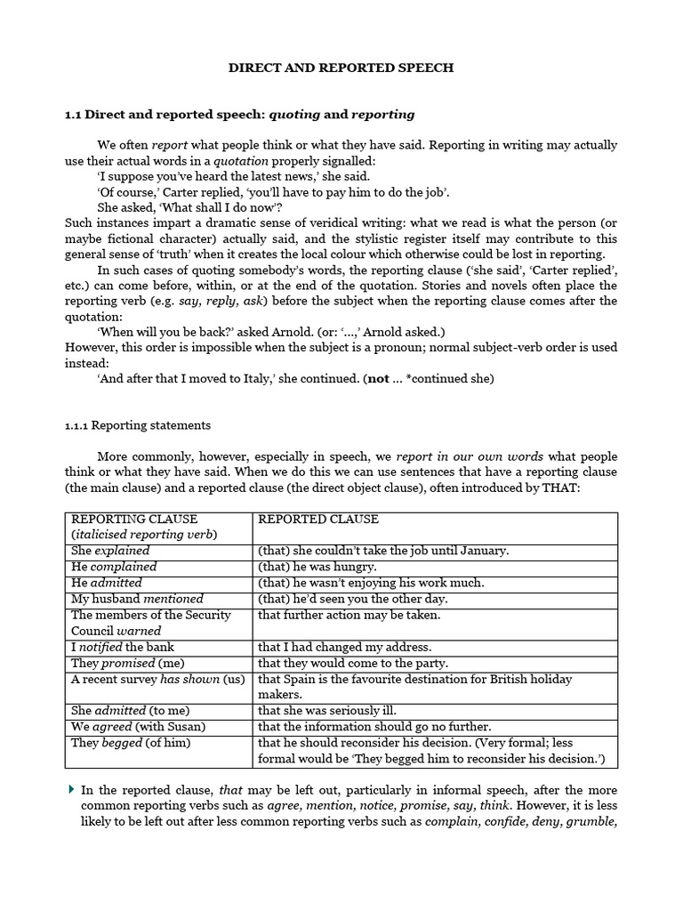 Direct and Reported Speech | PDF | Clause | Question