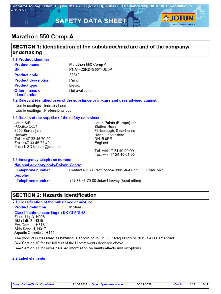 Jotun - Technical Datasheet - Marathon 550 Comp A | PDF | Personal ...