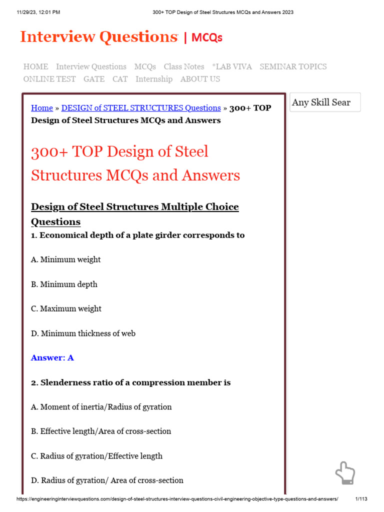 11 Design of Steel Structures MCQs and Answers 2023 | PDF | Bending ...