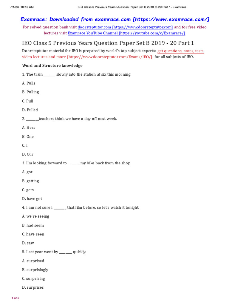 IEO Class 5 Question Paper Set B 2019 20 Part 1 | PDF