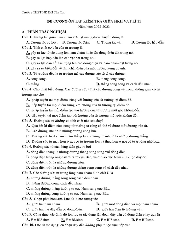 DE CUONG ON TAP GIUA HKII VAL LI 11 - Dap An | PDF