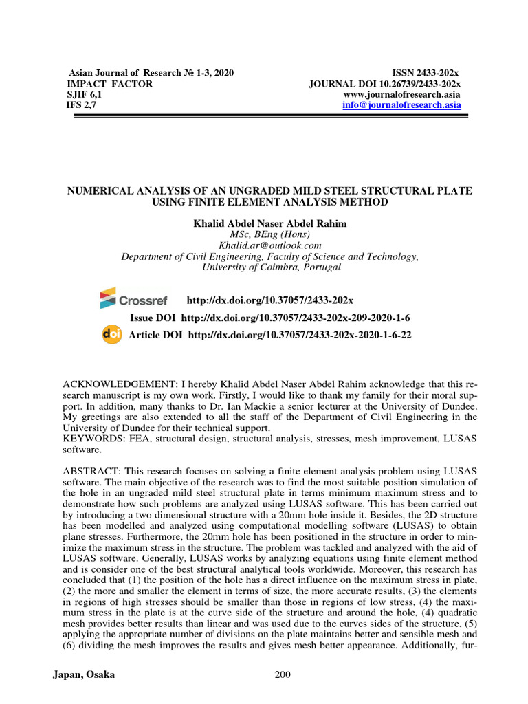 Numerical Analysis of An Ungraded Mild Steel Structural Plate Using Finite Element Analysis ...