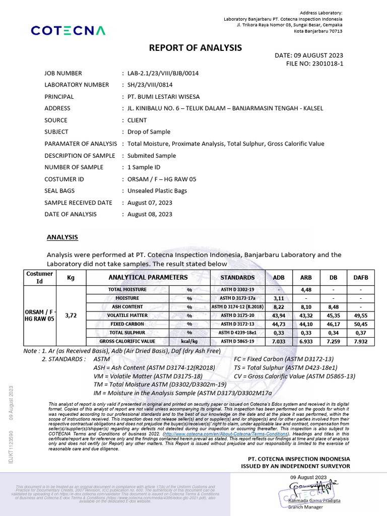 Scan Report Of Analysis Pt Bumi Lestari Wisesa 1 Kode Sample Orsa