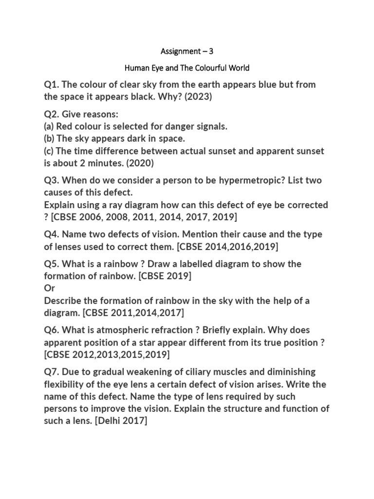 Assignment - Human Eye and The Colourful World | PDF