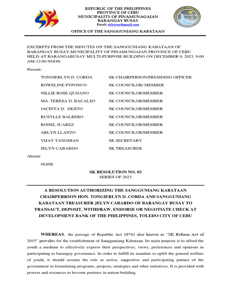 SK Resolution for Bank Transactions | PDF | Philippines | Government