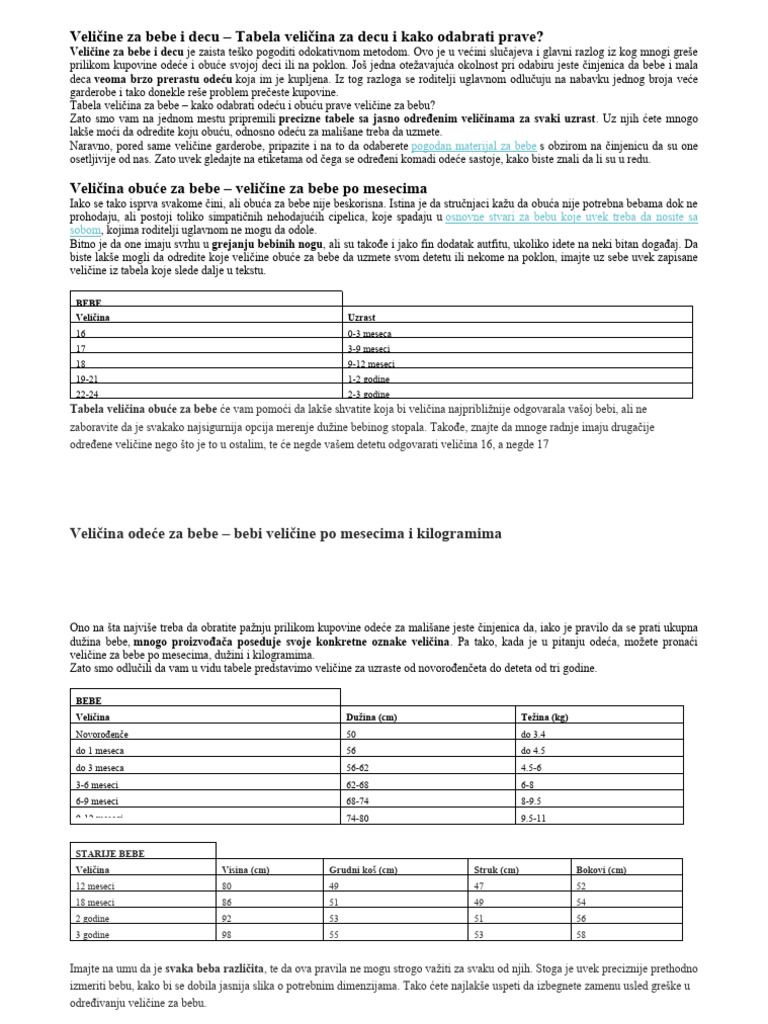 Velicina Odece Za Bebe | PDF