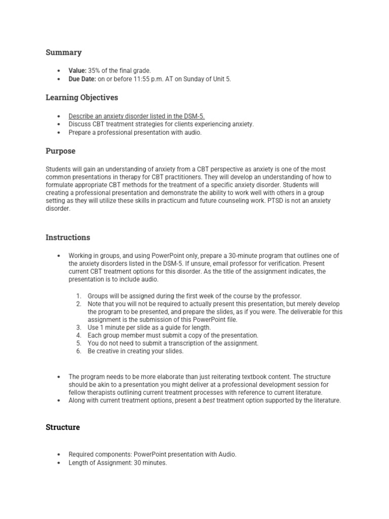 Assignment 3 Instructions | PDF | Cognitive Behavioral Therapy | Anxiety Disorder