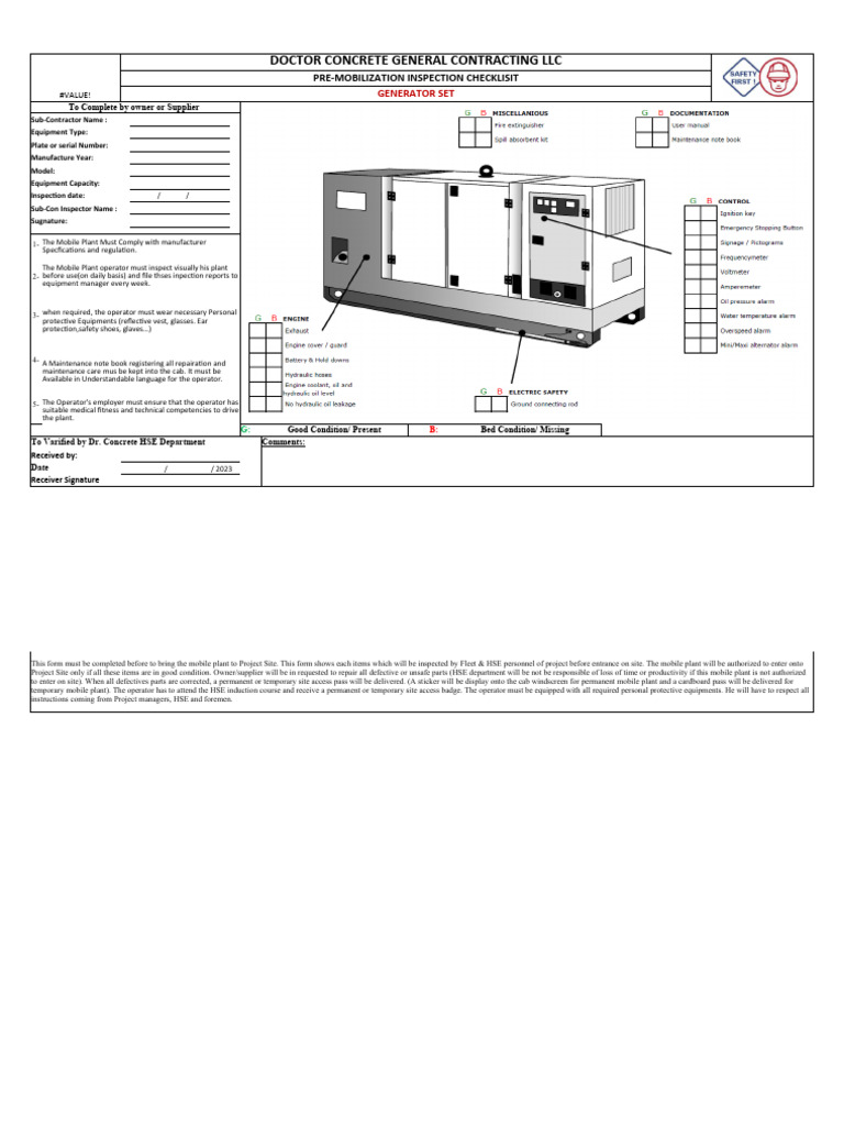 Pre-Mobilization Inspection Checklisit-Generator Set | PDF