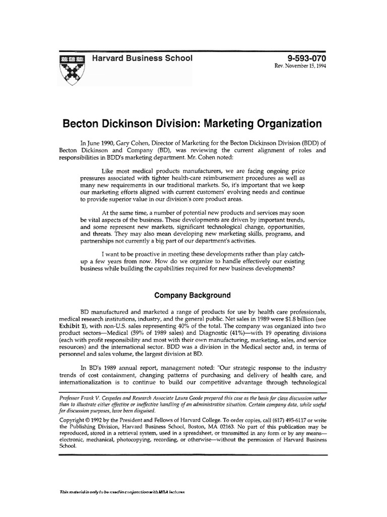 Becton Dickinson Division Marketing Organizaton | PDF | Sales | Patient