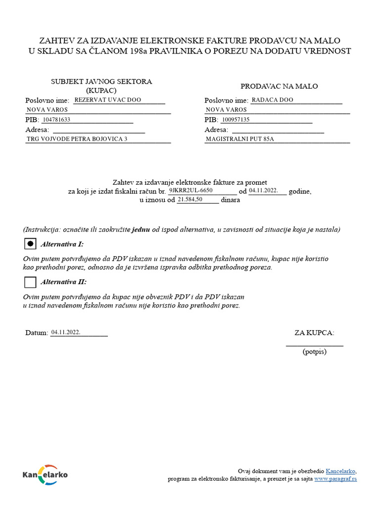Zahtev Za Izdavanje Elektronske Fakture | PDF