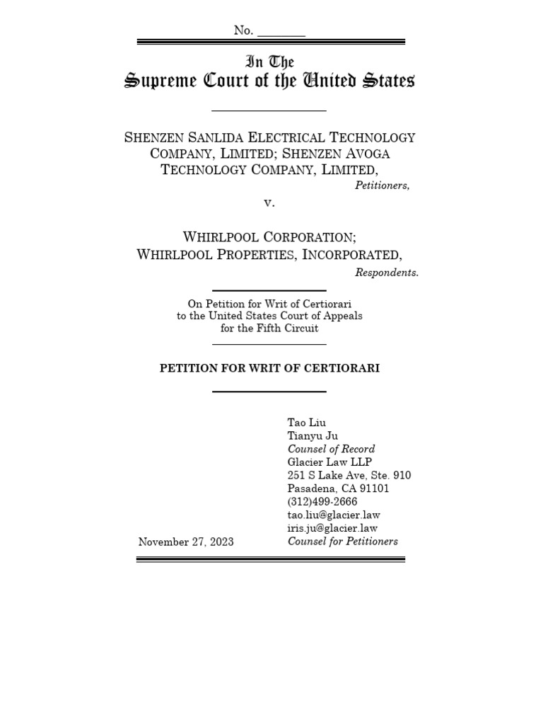 Shenzhen Sanlida Electrical v. Whirlpool - Cert Petition | PDF ...
