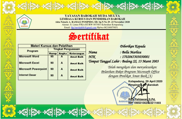 Sertifikat Kursus Microsoft Office Barokah | PDF