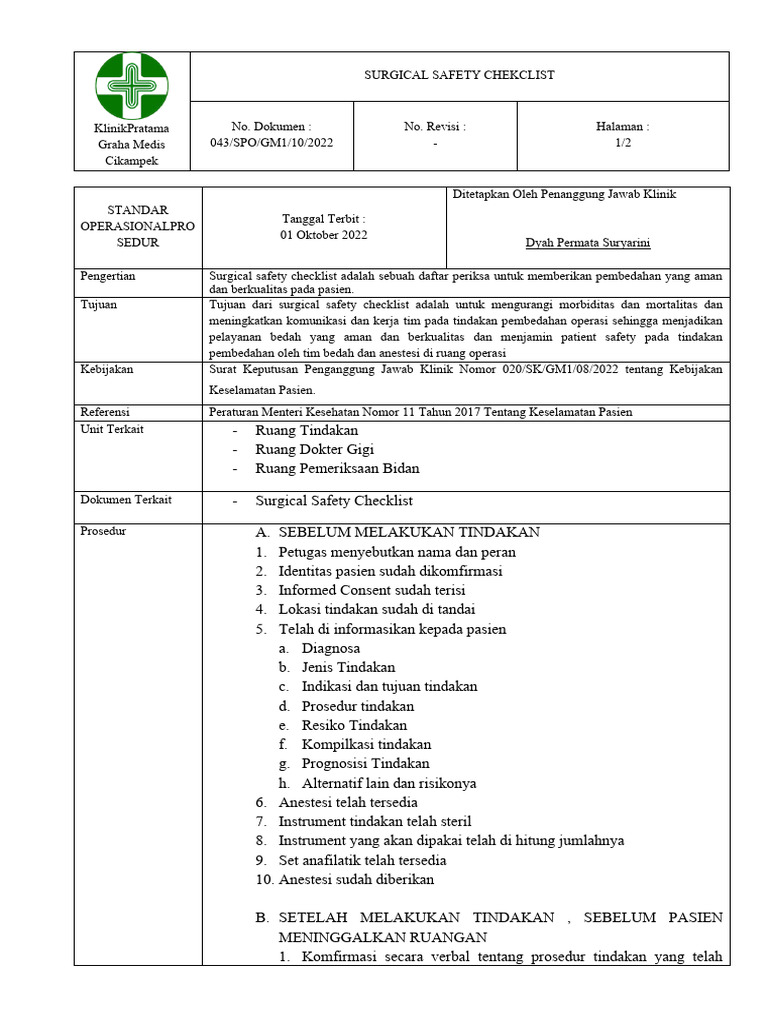 2.2.5 - Sop Surgical Safety Checklist | PDF
